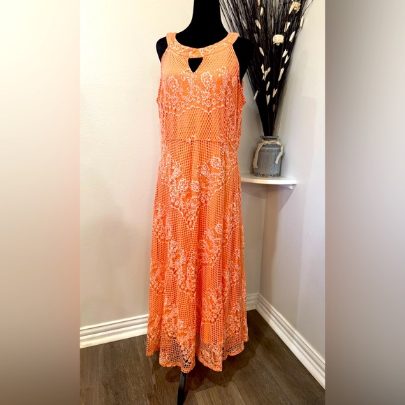 Reba | Dresses | Reba Elegant Coral Embroidery Lace Halter Maxi Dress ...